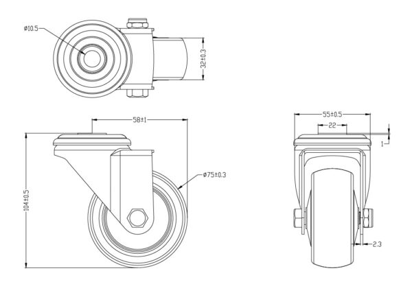 Caster 3-inch Swivel D75mm Hole 10.5mm Grey - Alcom Industrial Technology